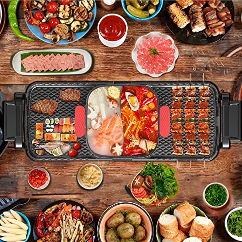 Barbecue Hot Pot 2 In 1, Indoor Korean BBQ, Dual Control Shabu Shabu, Hot Pot with Grill, Multifunction Smoke Free Stove Portable with Free Spoons, Brushes, Pliers, Strainer Scoops 110v.