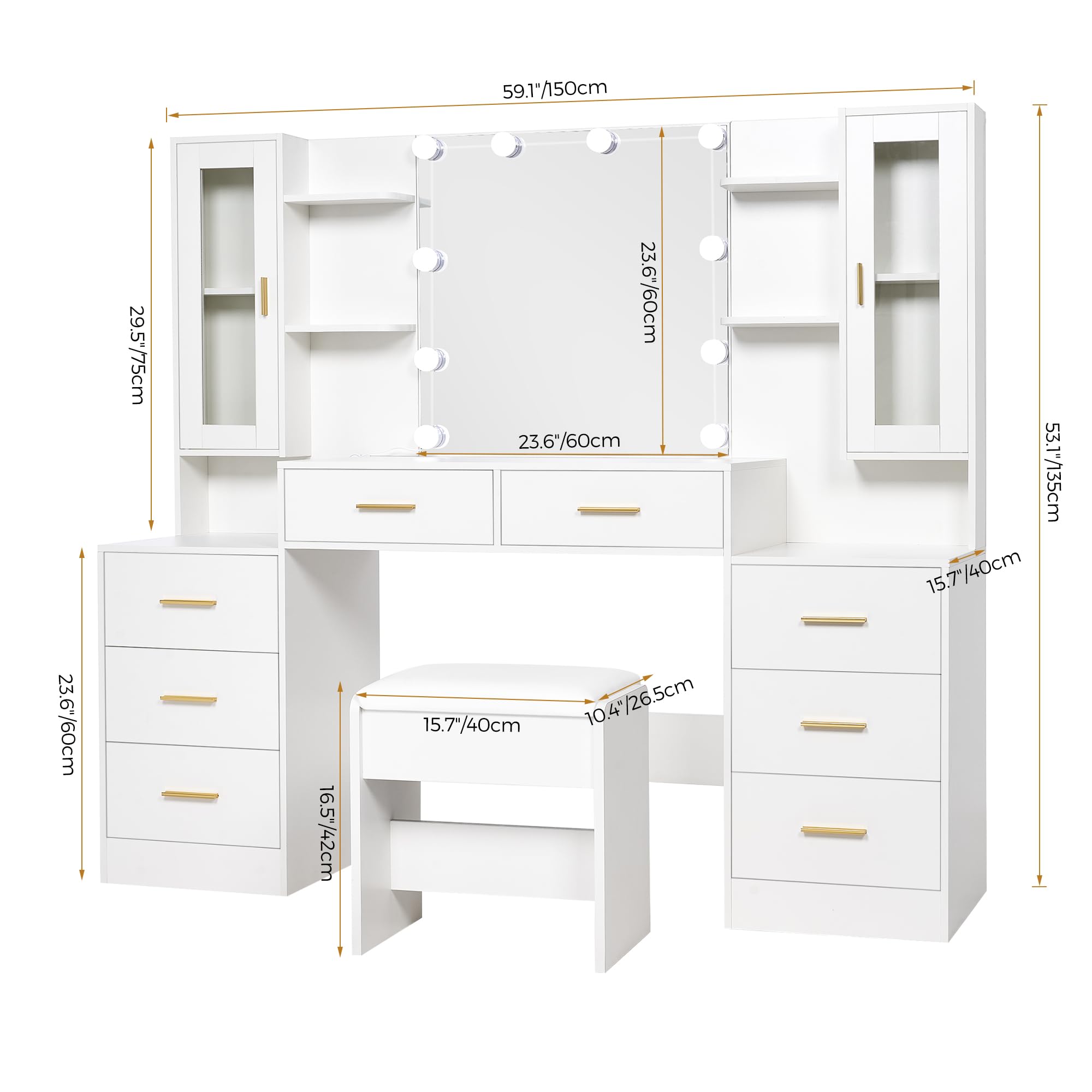 ANWBROAD 59.1" Large Vanity Desk Table with Mirror & Lights White Makeup Vanity with Power Outlet and 8 Drawers 2 Cabinets 3 Lighting Modes Adjustable Vanity Table for Bedroom Dressing Room UBDT67W
