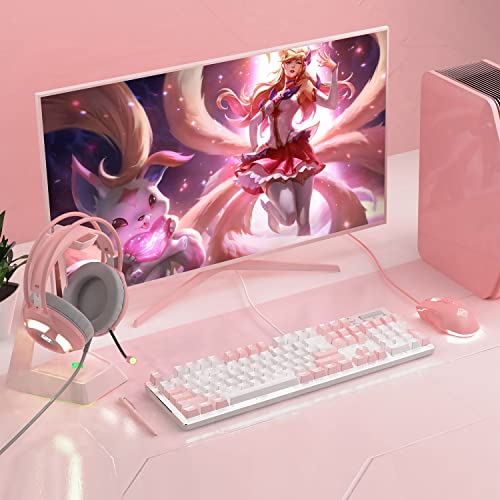 AK35i Mechanical Gaming Keyboard, 104 Keys and 6 Media Keys Anti-Ghosting, 2 Colors PBT Keycap, Elegant White Backlight, Aluminum Panel (Red Switch/White Backlight, Pink&White)