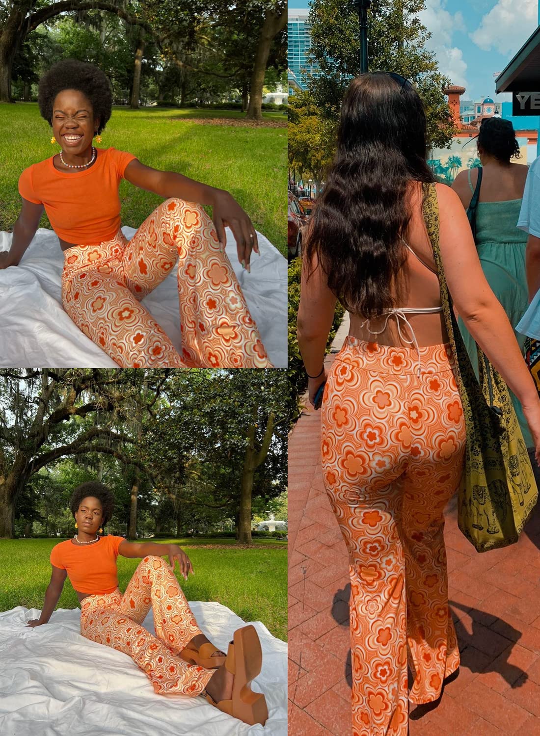 70s Flare Pants for Women - EDC Rave Festival Outfit High Waist Bell Bottom Boho Cute Groovy Disco Trousers(Orange, M, 1050e)