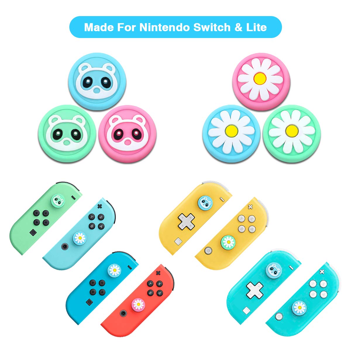 6amLifestyle Thumb Grip Caps for Nintendo Switch & Lite 6 Pack Raccoon Flower Cute Design Soft Silicone Joystick Cover Compatible with Switch Joy-Con (Pink& Blue& Green)