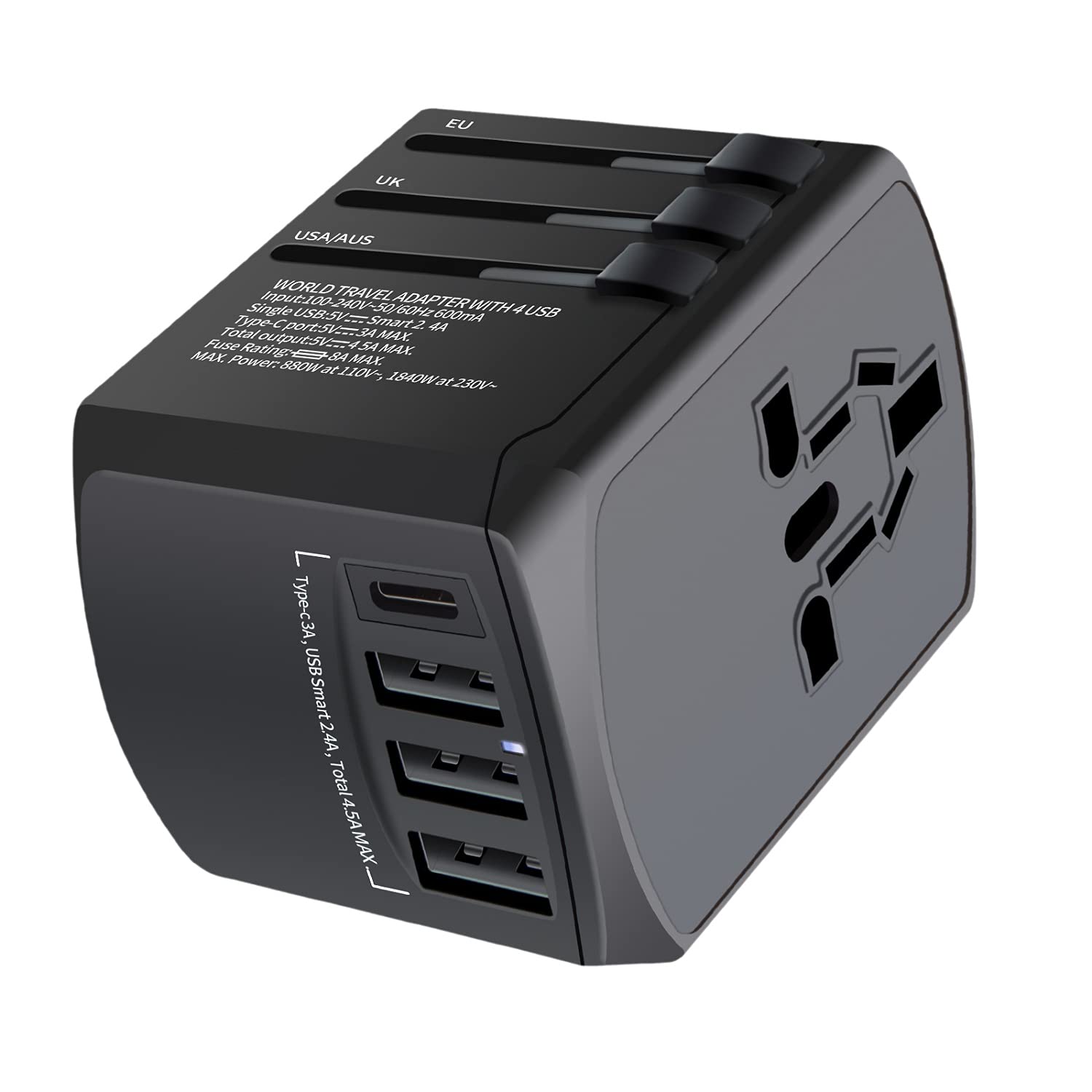 International Travel Adapter, Worldwide Travel Charger with 3 USB+3.0A Type C Ports Power Converters for EU, UK, USA, AU, Europe & Asia, All-in-one Universal Wall Plug Multi-Outlets Electrical Adapter