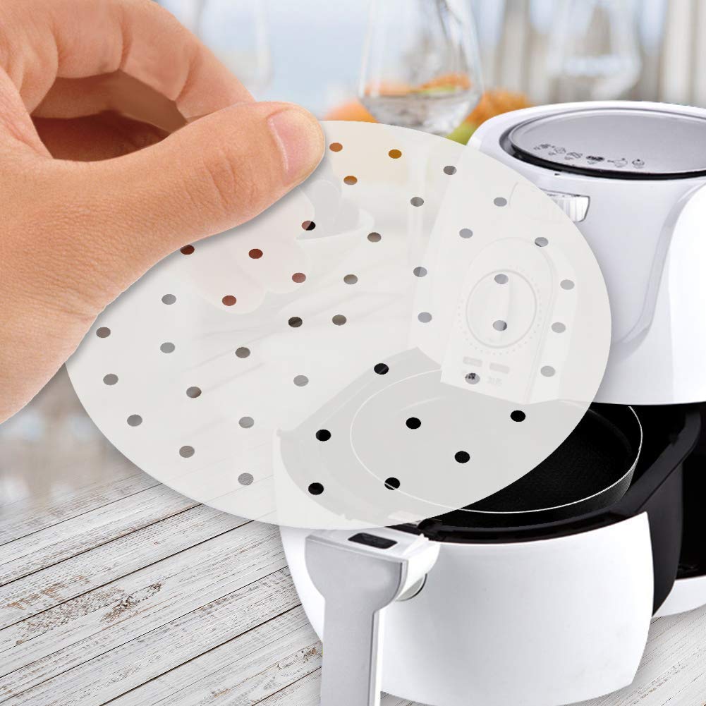 Air Fryer Liners - 7" 8.5" 9"10" Parchment Paper Bamboo Steamer liners Perforated Anti-stick Waterproof 100% Pure Raw Wood Pulp by EBIGIC