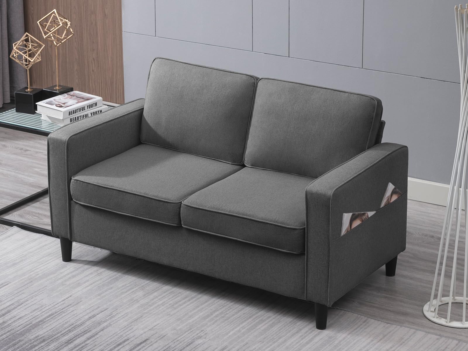 PUREMIND Loveseat Sofa, 54 inch Linen Fabric Small Couch, Modern Upholstered Love Seat Mini Couch with Armrest Pockets, 2 Seater Small Sofa for Small Spaces, Bedroom, Living Room, Office (Dark Gray)