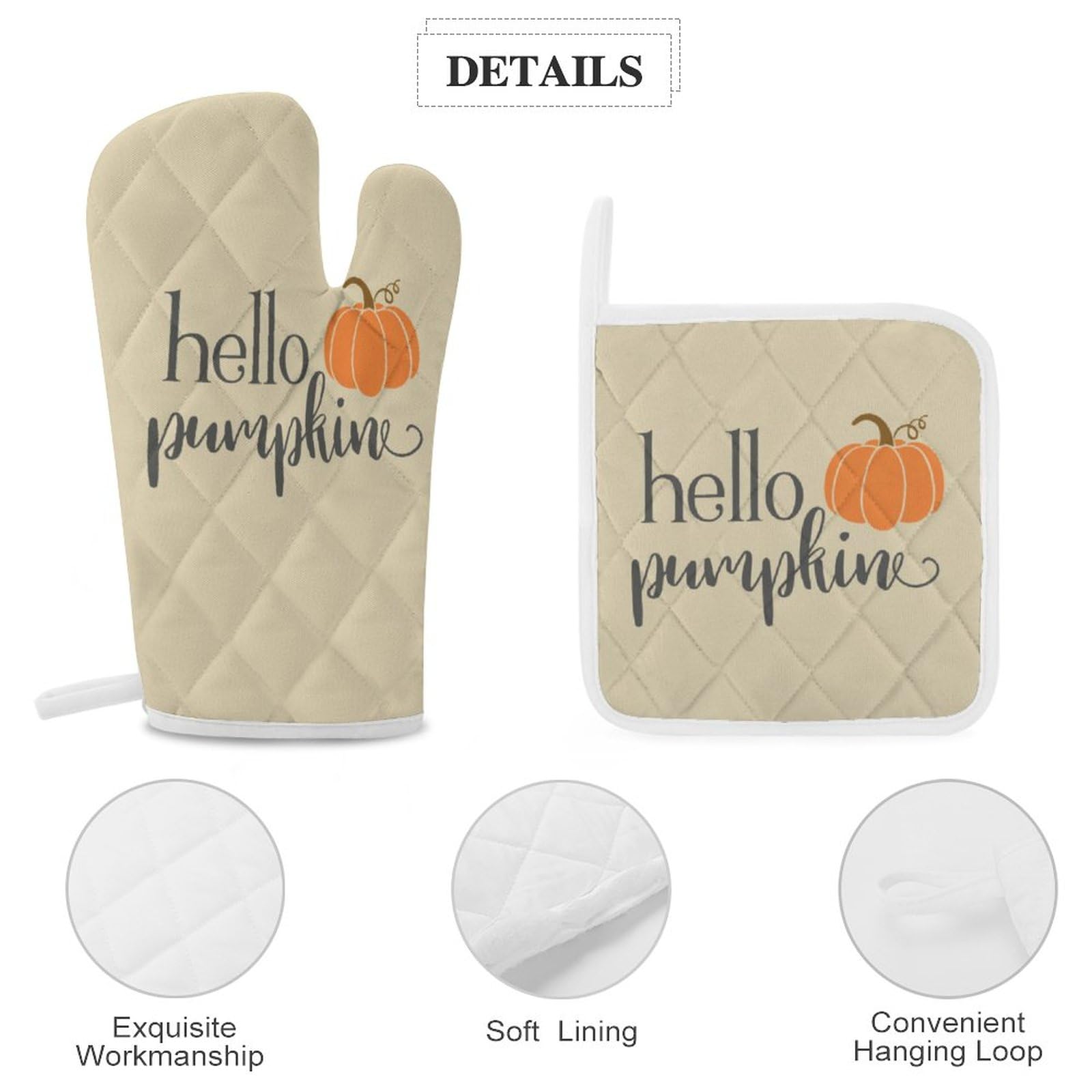 4PCS Oven Mitts and Pot Holders Sets, Hello Pumpkin Orange Harvest Fall Beige Oven Mitts Set Heat Resistant Kitchen Microwave Gloves Safe for Baking,Cooking, BBQ