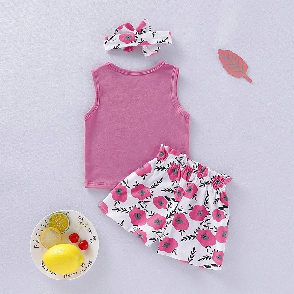 Hipea Toddler Girl Outfits Flower Tops Sleeveless Vest Shorts Headband Summer Clothes Set(3-4T)