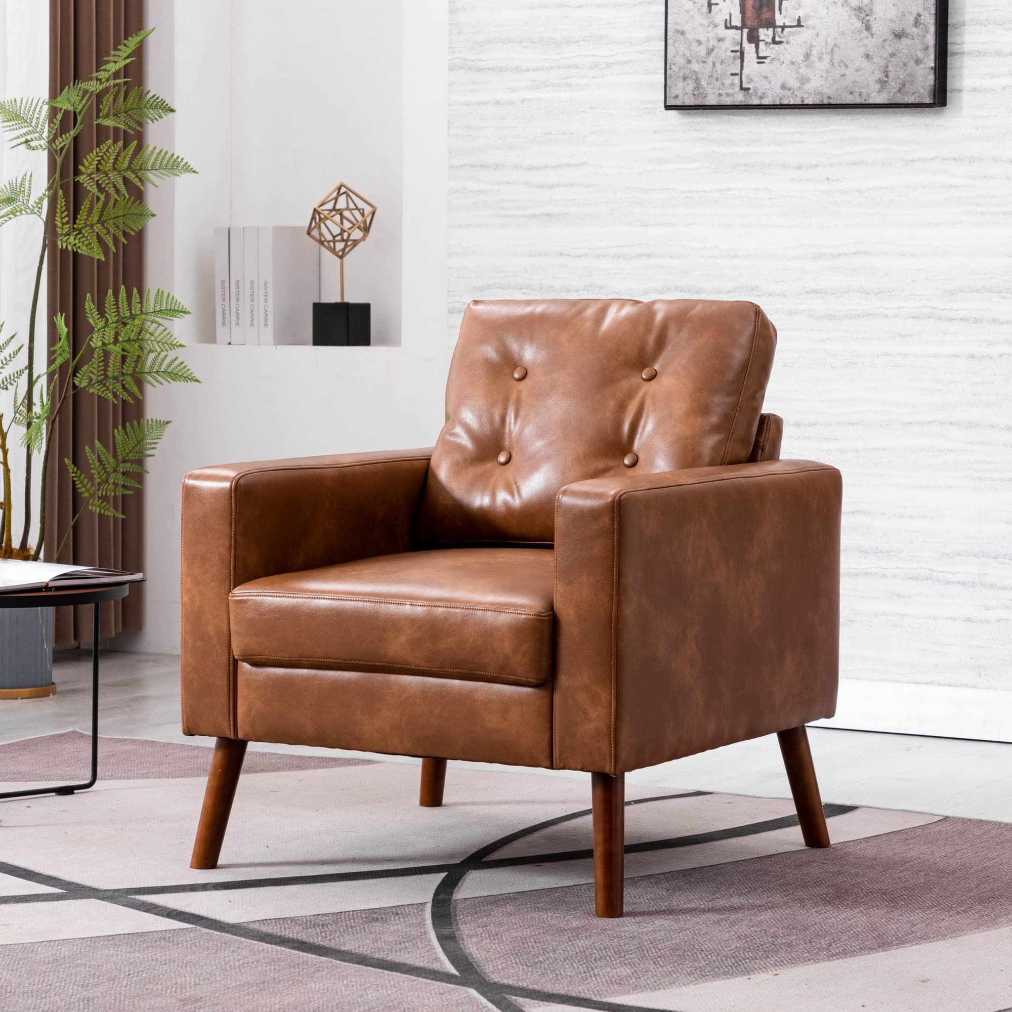53" Wide Loveseat with Armrest, Upholstered 2-Seater Tufted PU Leather Double Sofa, Mini Sofa with Wooden Legs, Mid Century Modern Couch for Bedroom/Living, Brown