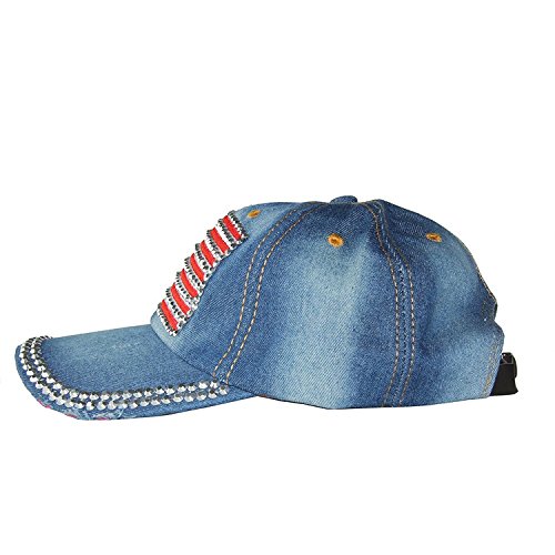AISHNE Women American Flag Rhinestone Jeans Denim Baseball Adjustable Hat Blue