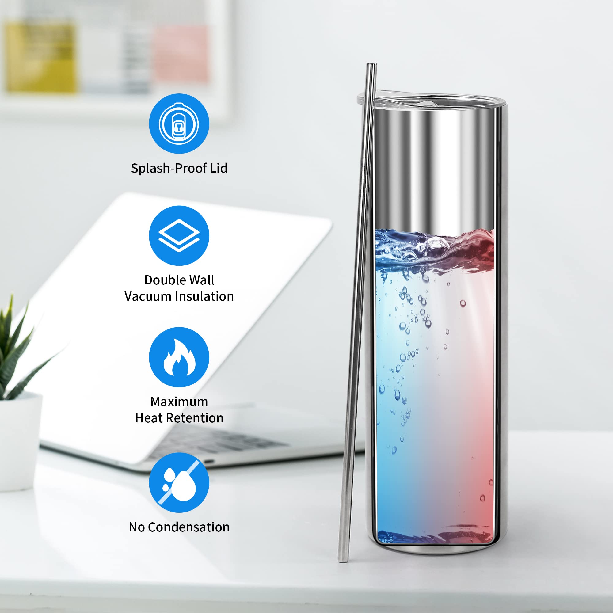 AGH 8 Pack 20oz sublimation tumbler blank, Stainless Steel Tumblers Bulk With Reuse Straw and Brush, Silvery Cup Vacuum Insulated Mug for Travel Coffee