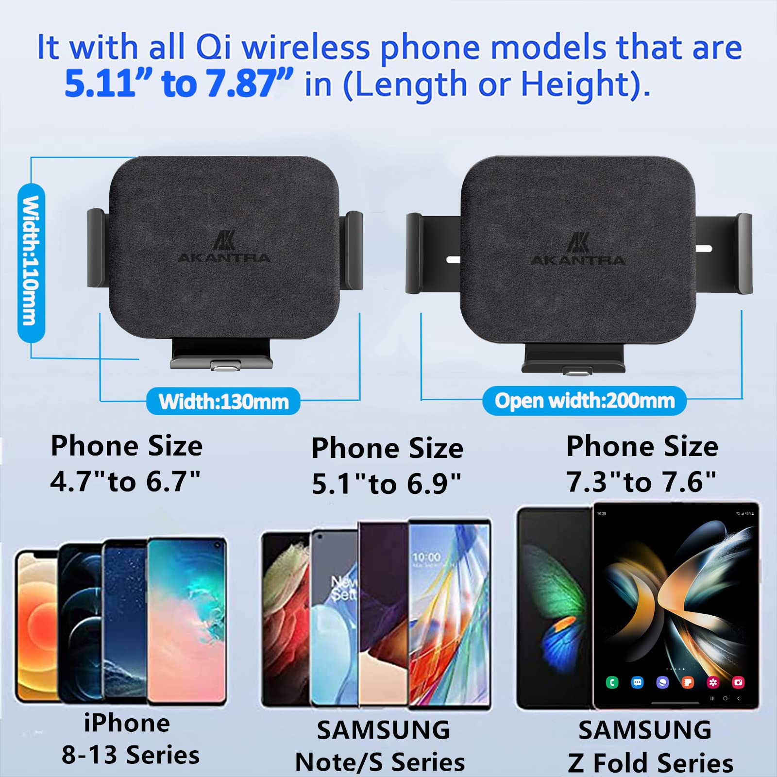 Akantra Alcantara 15W Dual Coil Qi Wireless Car Charger Mount Holder Compatible for Samsung Galaxy Z Fold5 Fold4 Fold3 Z Fold2 Fold S23 Ultra iPhone 15 Pro Max Auto Clamp Fast Car Charger