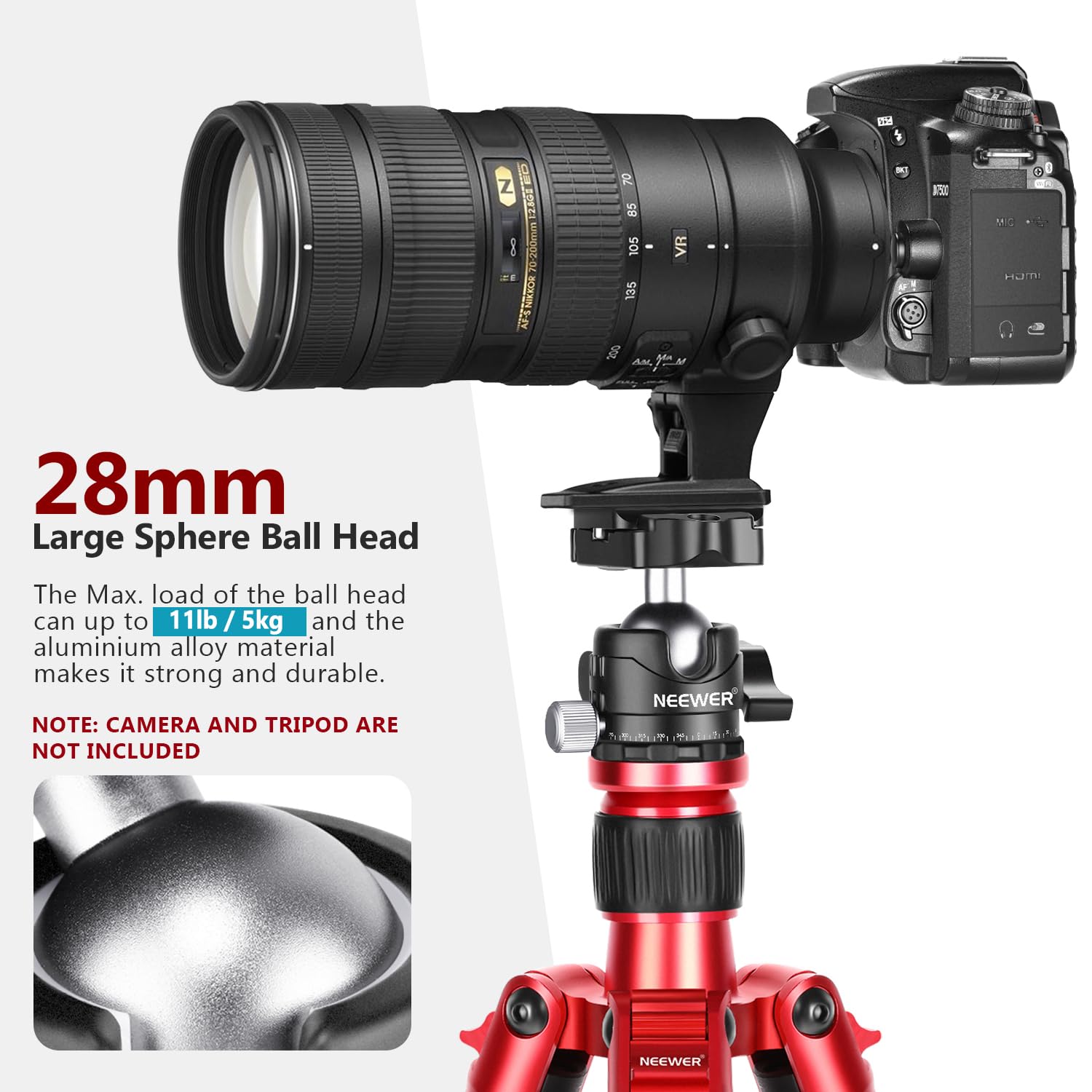 NEEWER Professional 28mm Low Profile Tripod Ball Head with 360° Rotation and 2 Locking Buttons, Arca Type 1/4" QR Plate and Spirit Level for Tripod/Camera, Max Load: 5 kg