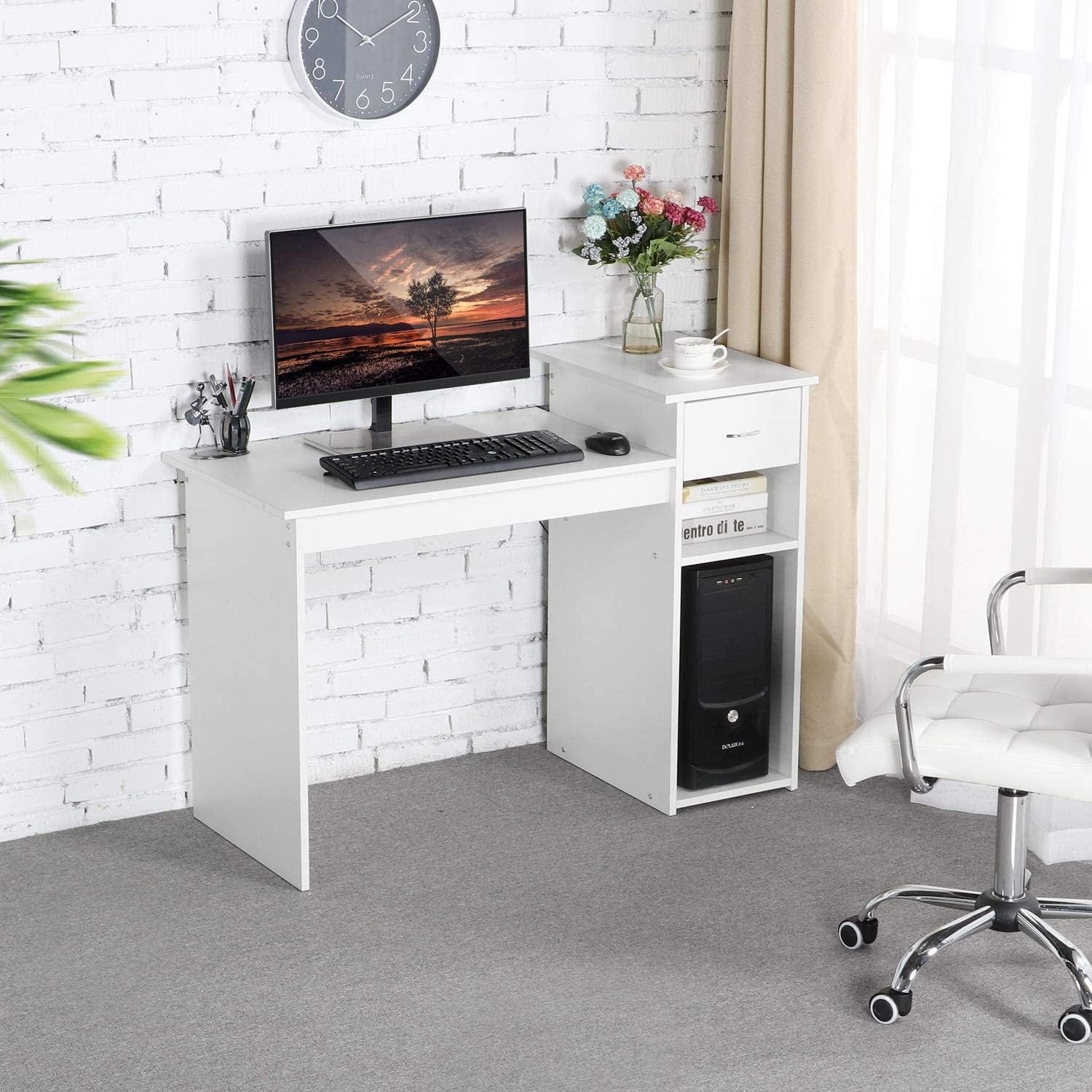 Yaheetech Home Office Computer Desk with Storage Drawer & Monitor Shelf, Writing PC Laptop Table Desk Study Workstation Furniture for Small Spaces, White