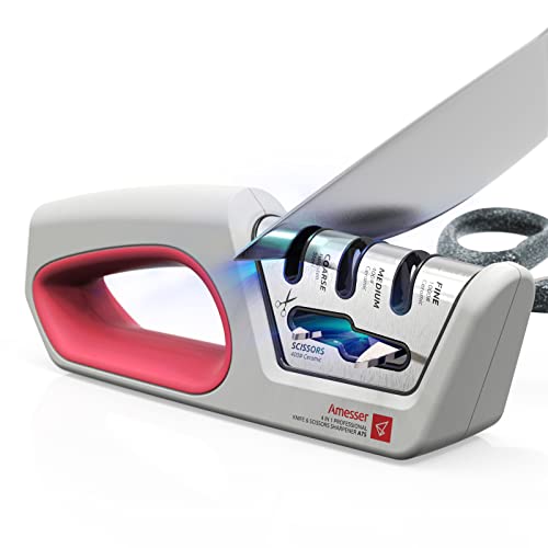 Amesser Kitchen Knife Sharpeners Scissors - 4 Stage in 1 Professional Manual Sharpener with Multi Function, Ceramic, Tungsten Steel, Non·Slip Base for Sharpening Blade, Fast Grinding, Restore Knives