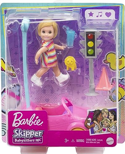 Barbie Skipper Babysitters Inc. Accessories Set with Small Toddler Doll & Toy Car, Plus Traffic Light, Cone, Cup & Lion Toy, Gift for 3 to 7 Year Olds , White