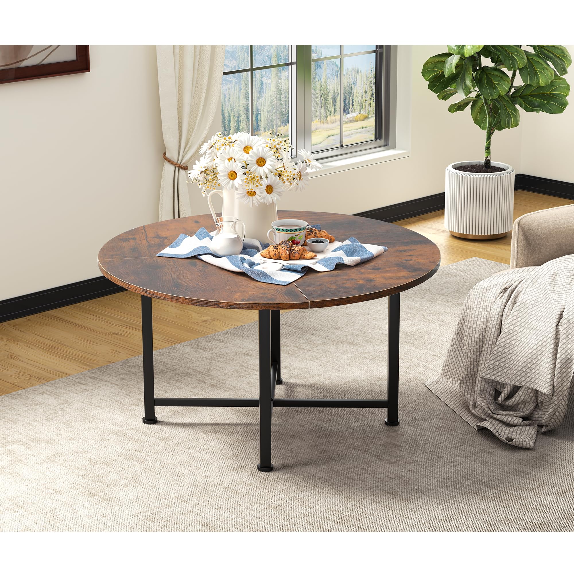 SENIG Round Coffee Table, 2-Tier Coffee Table with Storage Shelf for Living Room, Center Table for Small Spaces, Rustic Brown
