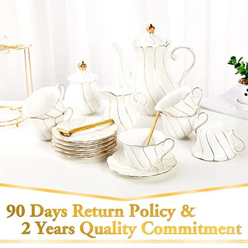 DUJUST 22 pcs White Porcelain Tea Set for 6, Luxury British Style Tea/Coffee Cup Set with Golden Trim, Beautiful Tea Set for Women, Tea Party Set, Gift Package (Including a Stand) - White