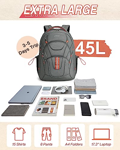 BAGSMART Large Travel Backpack for Women Men,Laptop Backpack Flight Approved Carry On Computer Bag Fits 17 Inch Laptop,Water Resistant Outdoor Backpack for Hiking Business,Grey