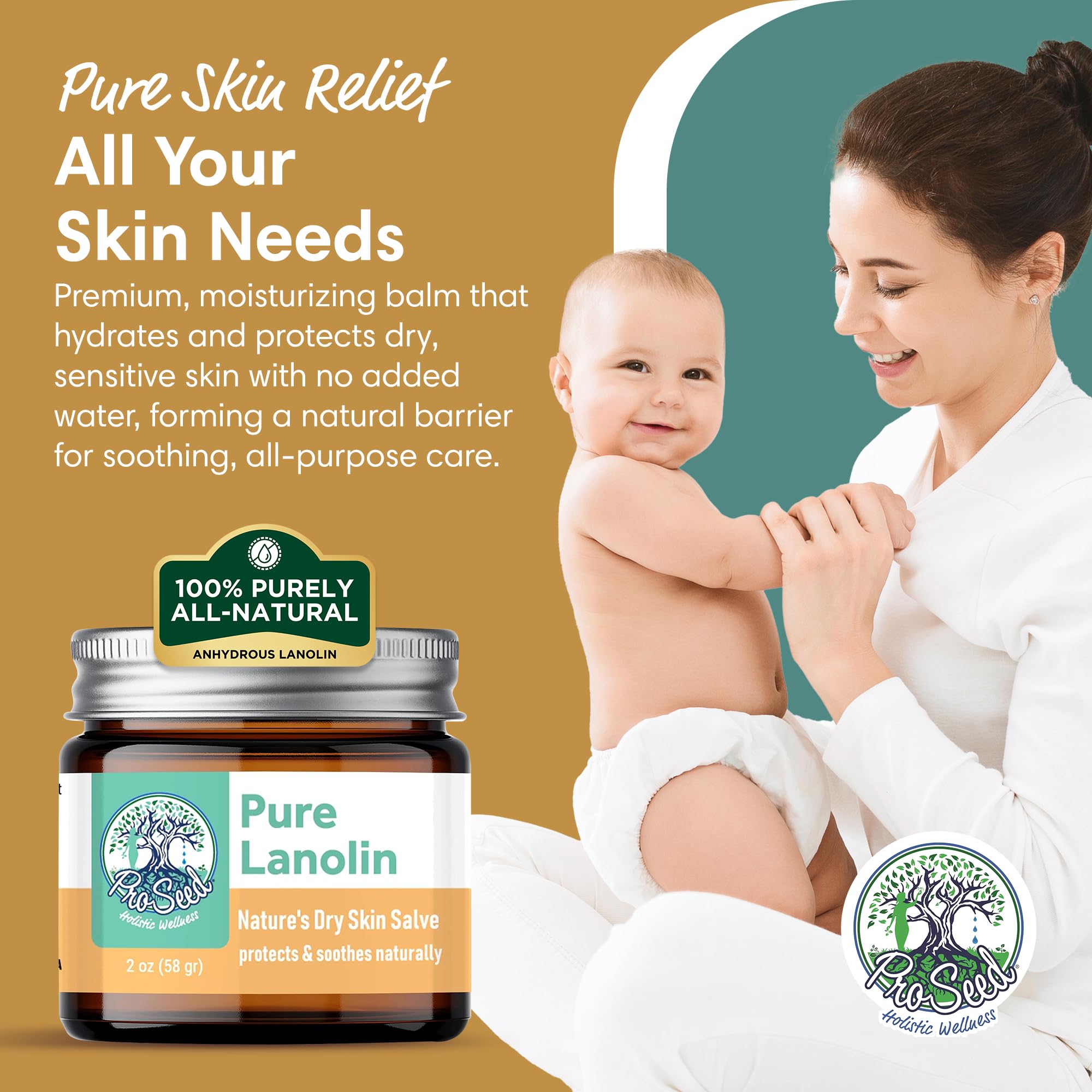 ProSeed Handmade Pure Lanolin Balm – US Pharmacopeia Grade for Moms, Babies & Skin Essentials – Single Ingredient Moisturizer for Dry, Sensitive Skin – Glass Jar, 2oz