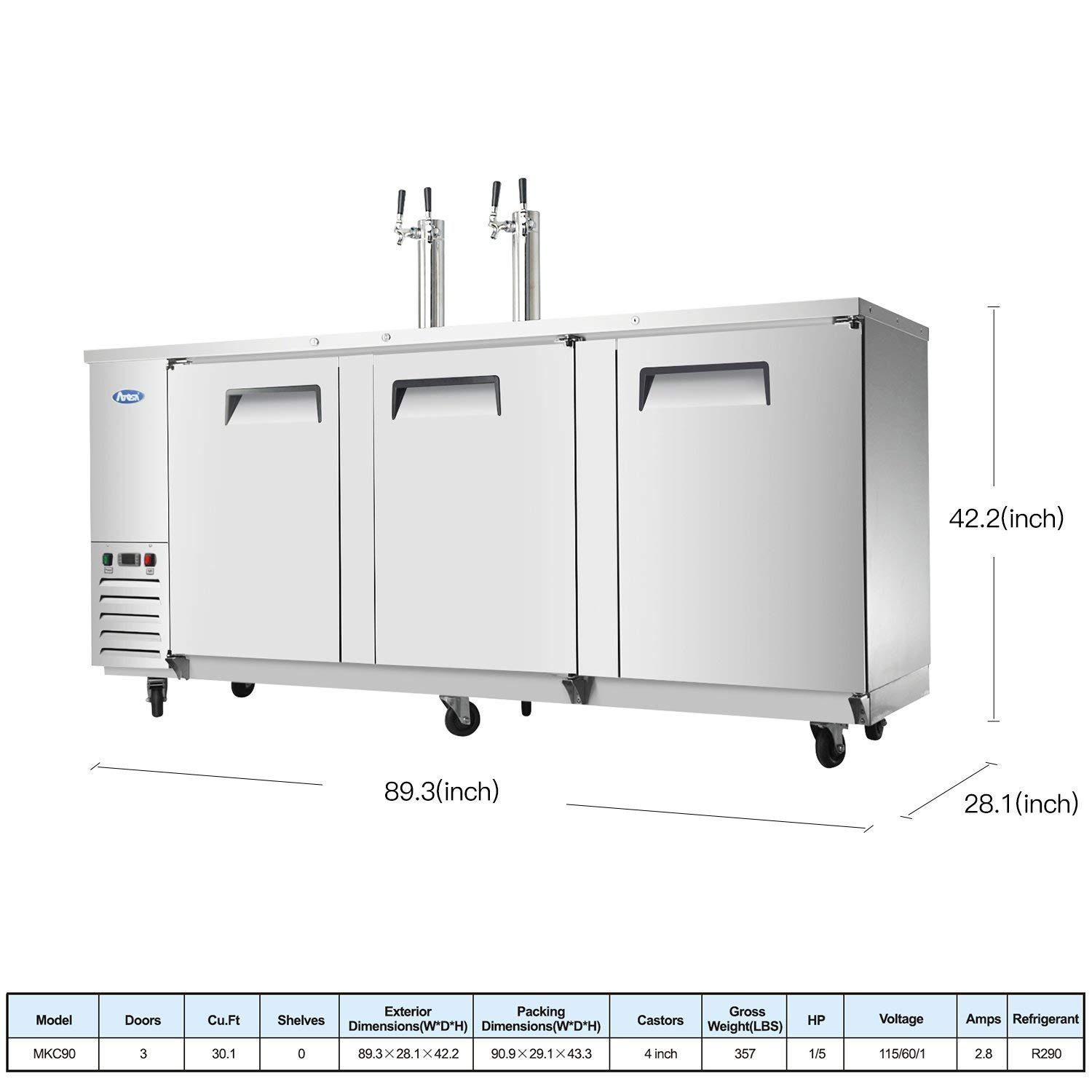 Atosa Kegerator Refrigerator Commercial Beer Cooler, MKC90 Keg Coolers with Tap, Three Doors for Bar, 30.1 Cu.Ft. 33?-38?