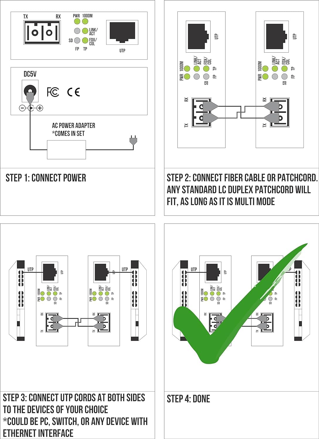Multimode LC 850 nm Gigabit Fiber Media Converter - Includes SFP 550 m (0.34 Miles) LC – to UTP Cat5e Cat6 10/100/1000 RJ-45 – Auto Sensing Gigabit or Fast Ethernet Speed - Jumbo Frame - LLF Support