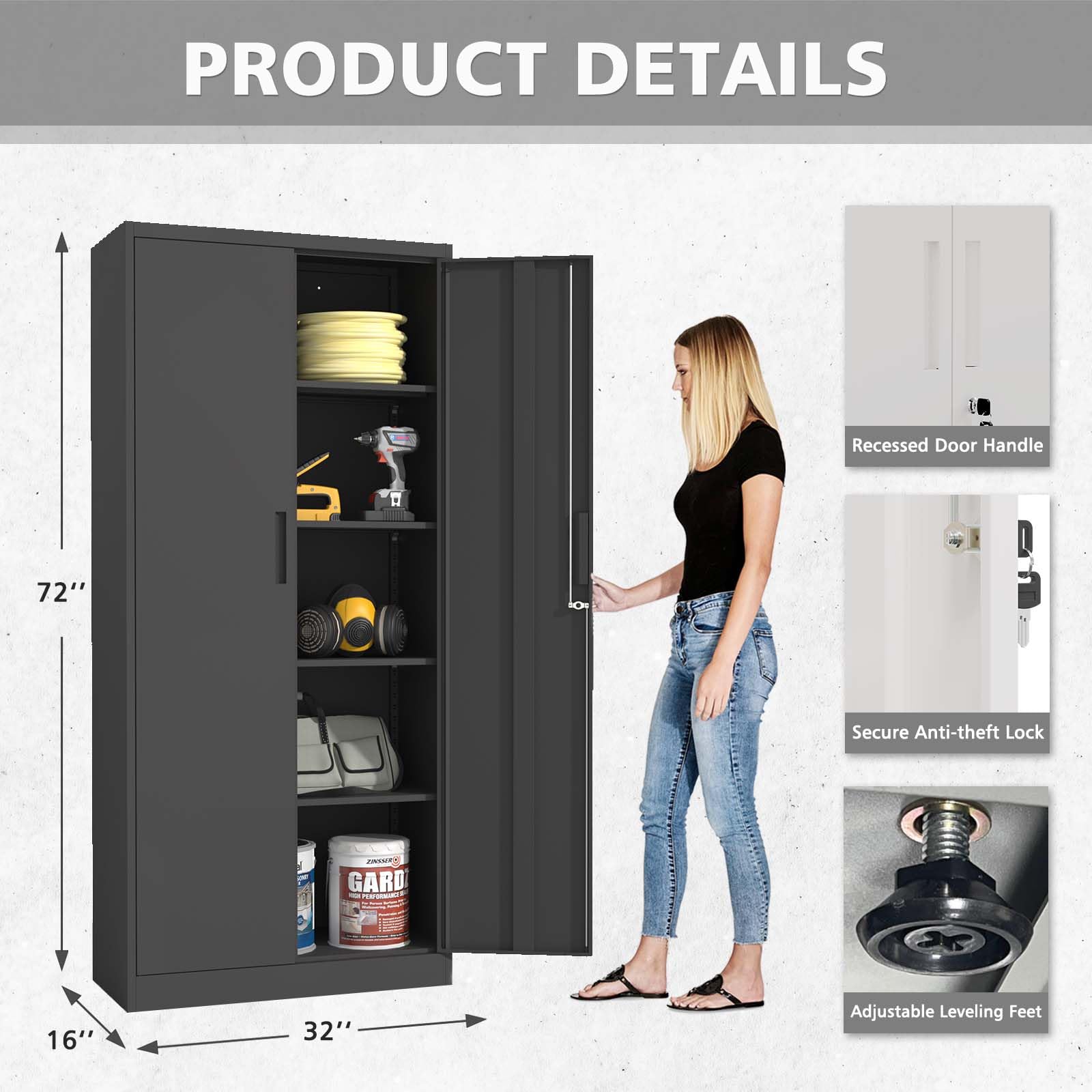 72" Metal Steel Heavy Duty Storage Cabinet with Locking Door, 4 Adjustable Shelves, Horizontally Adjustable Feet, Tool Cabinet for Garage, Home, Classroom/Office and Kitchen (Black)