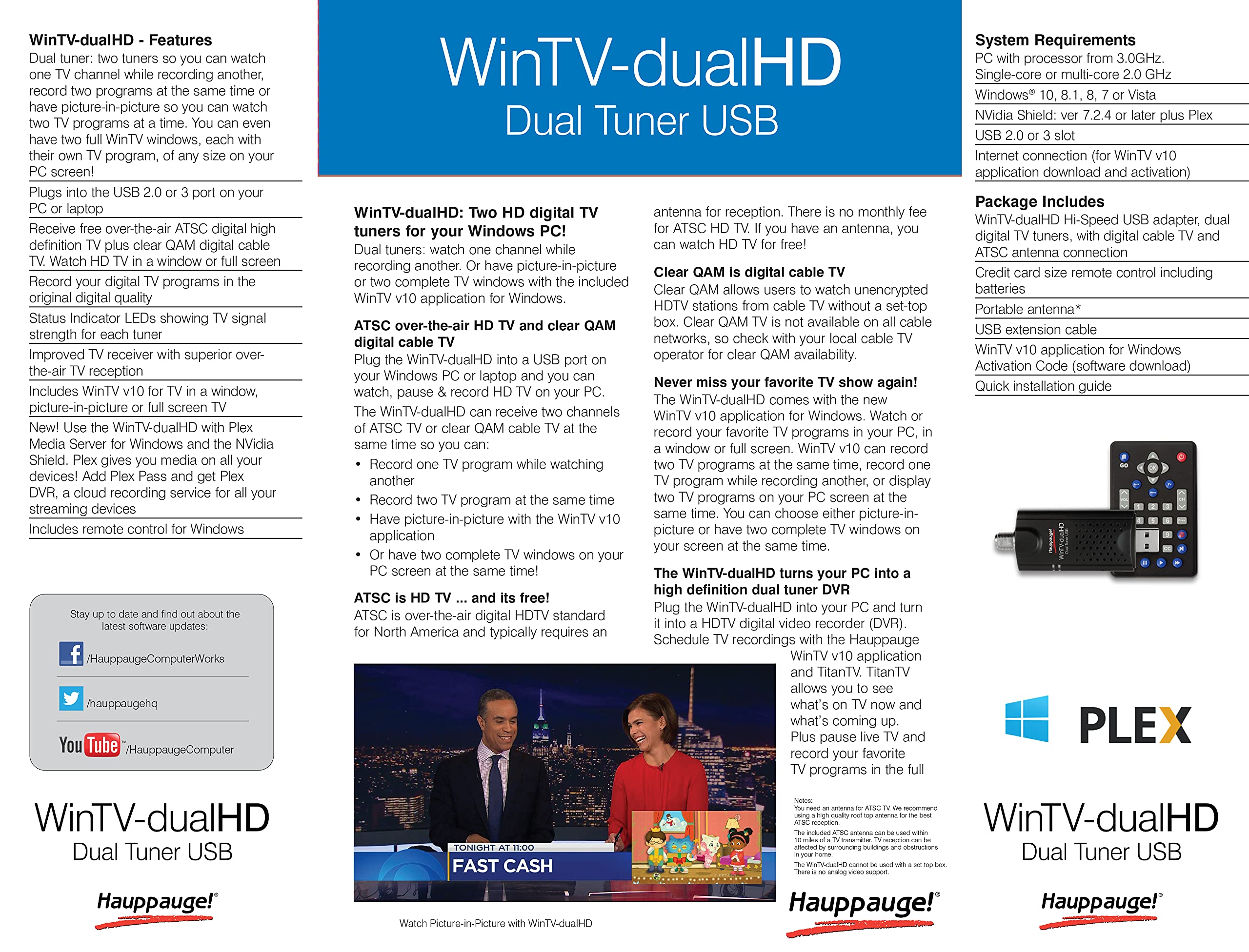HAUPPAUGE WinTV-DualHD Dual USB 2.0 HD TV Tuner for Windows PC 1595,Black
