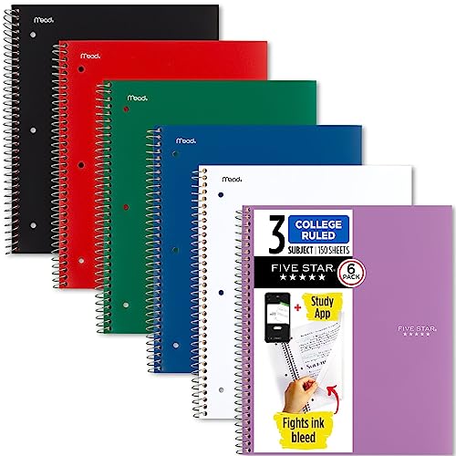 Five Star Spiral NotebooksĀ + Study App, 6 Pack, 3-Subject, College Ruled Paper, Fights Ink Bleed, Water Resistant Cover, 8-1/2" x 11", 150 Sheets, Colors Will Vary (73930)
