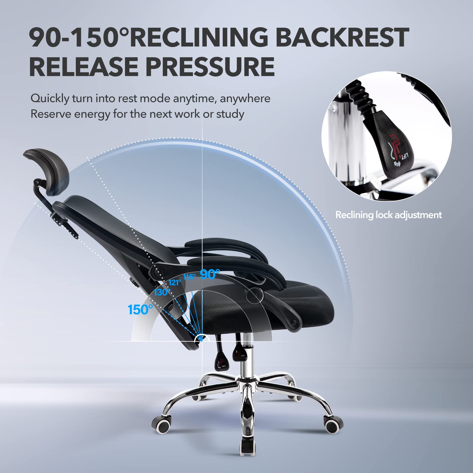 ACCHAR Ergonomic Office Chair, Reclining Mesh Chair, Computer Desk Chair, Swivel Rolling Home Task Chair with Padded Armrests, Adjustable Lumbar Support and Headrest (Black)
