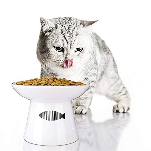 Yangbaga Cat Raised Food/Water Bowl for Elder Big Cats, Non-Skid 4.8x6.4in Premium Ceramic Cat Bowls with Stand, Sturdy and Anti-Fall… (White)