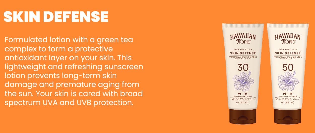 Hawaiian Tropic Skin Defense Sunscreen Lotion SPF 50, 6oz | SPF 50 Sunscreen Lotion with Green Tea Extract, Sunscreen Body Lotion, Oxybenzone Free Sunscreen, 6oz
