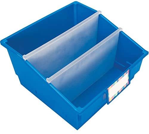 Really Good Stuff Large Plastic Book Organizer Bins, Dividers, Built-in Label Holder, 13.5β by 13.5β by 7.75β (Set of 4, Primary Colors) - For Picture Books, Large Reference Books in Classroom or Home