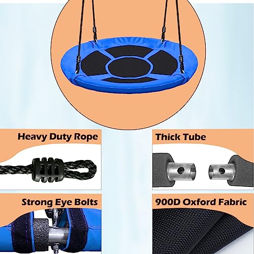 Hisecome 40 Inch Blue Saucer Tree Swing Set for Kids Adults 500lb Weight Capacity Waterproof Flying Swing Seat Textilene Fabric with Adjustable Hanging Ropes for Outdoor Playground, Backyard
