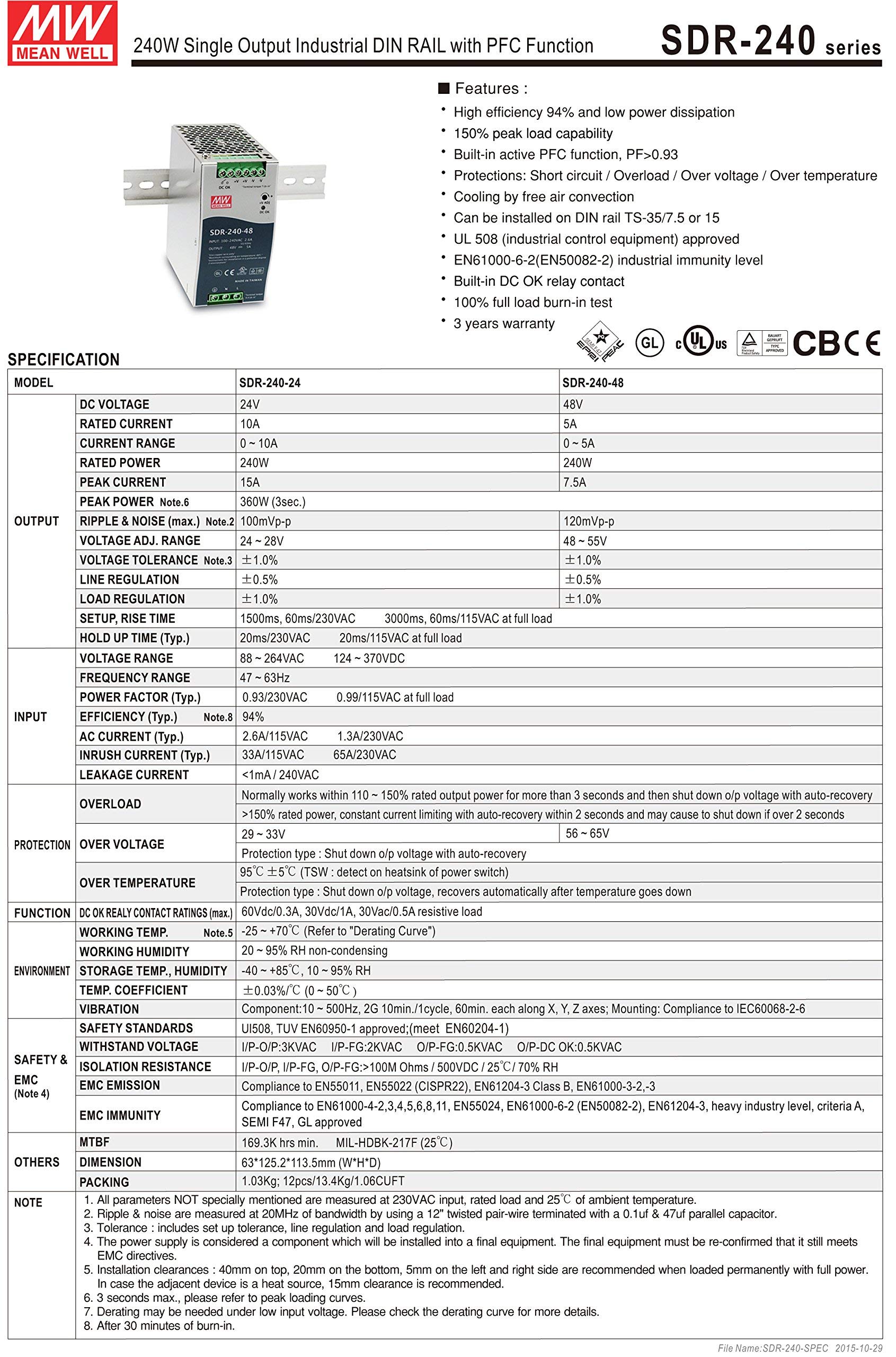 MW Mean Well SDR-240-48 48V 5A 240W Single Output Industrial DIN Rail with PFC Function Power Supply