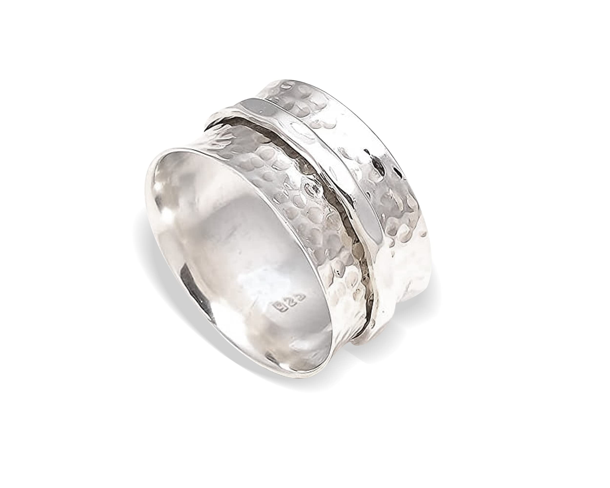 925 Sterling Silver Spinner Ring Meditation Ring Band Wide Hammered Worry Band (6.5)