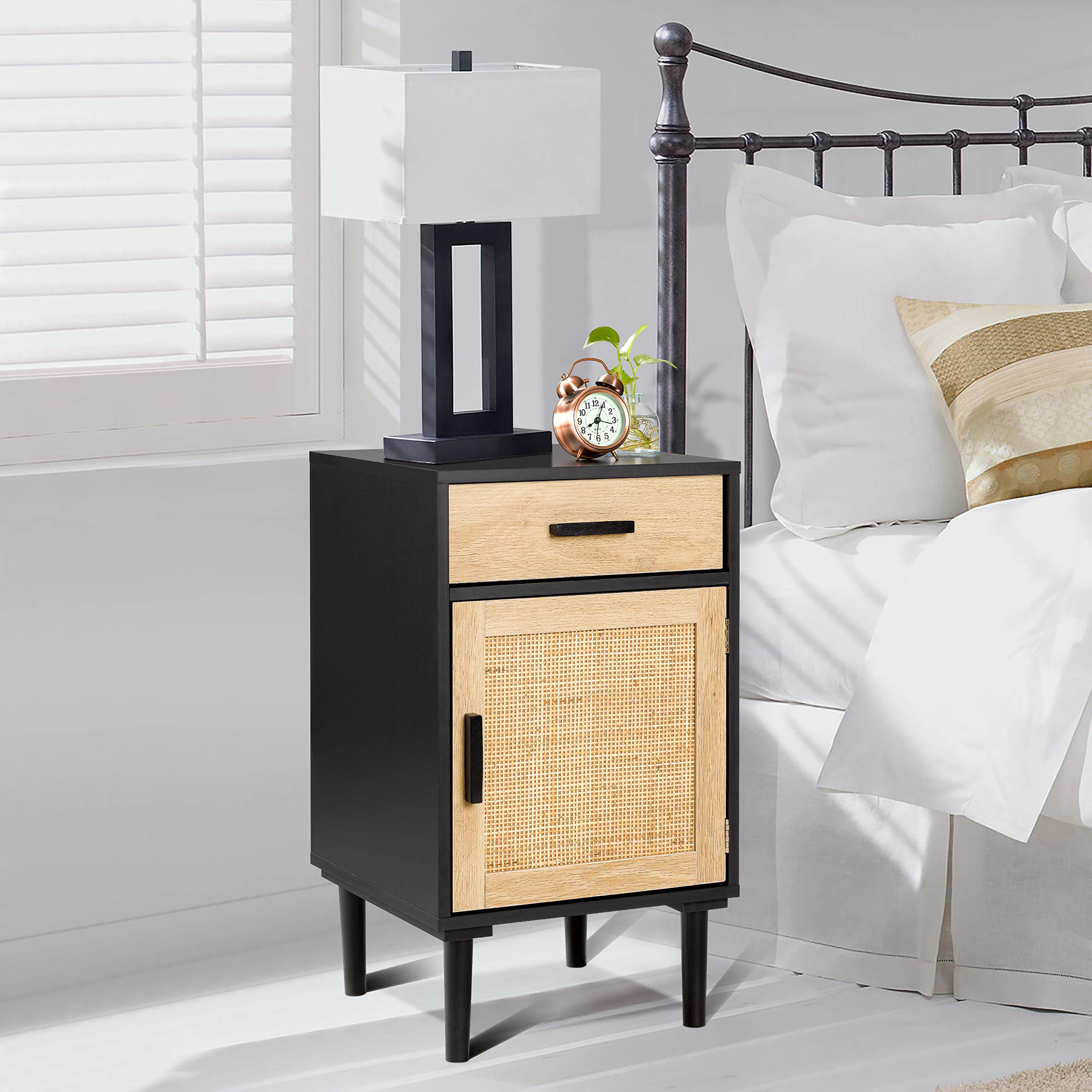 Finnhomy Tall Nightstands Set of 2, Night Stand, Bedside Table Set of 2 with Drawer and Shelf, Hand Made Rattan Decorated Doors, Nightstands with Storage for Bedroom, Black, 2 Pack