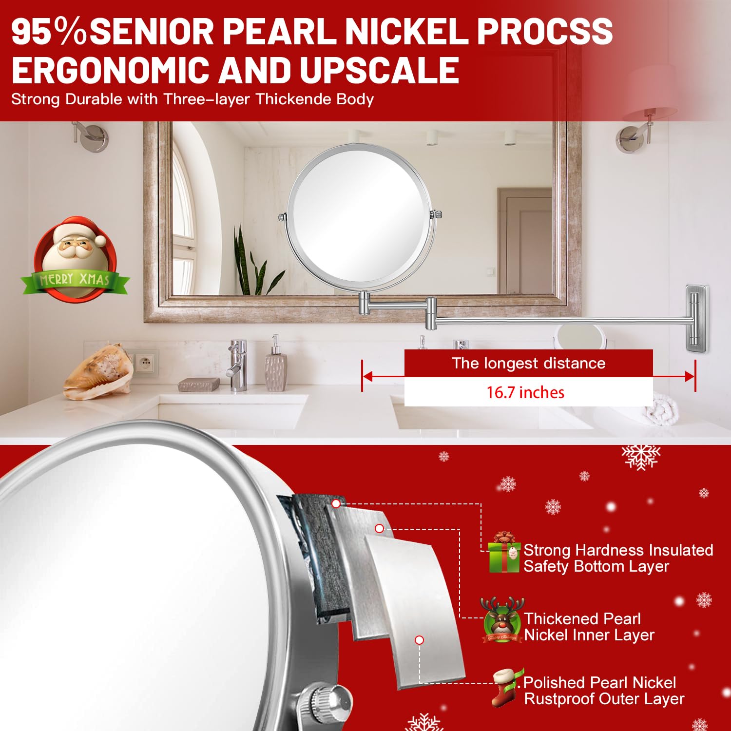 MIRRORMORE 8” Large Wall Mounted Makeup Mirror, Two-Sided 1X/10X Magnifying Mirror Extendable Long Arm, 360°Swivel Flexible HD Shower Mirror Fogless for Shaving, Fully Senior Nickel Bathroom Mirror