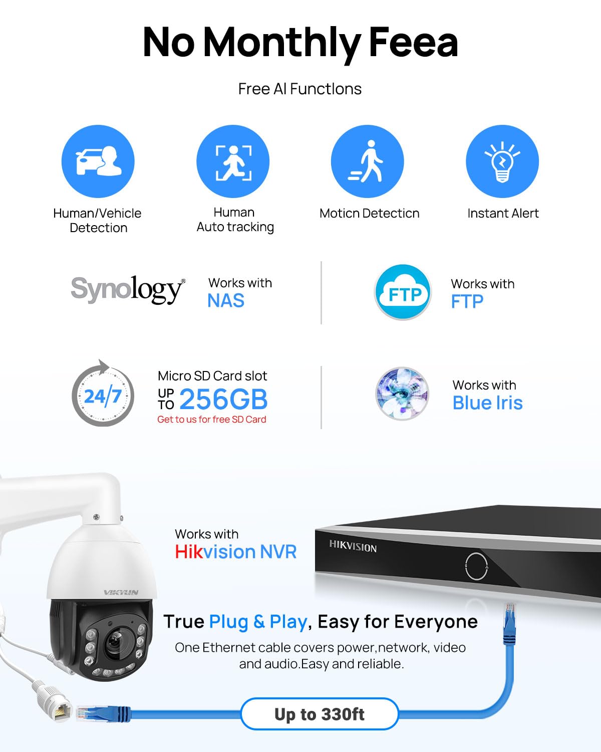 6MP Outdoor PTZ IP POE Camera, Pan Tilt 20x Optical Zoom, Human Vehicle Detection, Auto Tracking PTZ Camera with 393ft IR Night Vision, 2-Way Audio, MicroSD 256GB (Compatible for Hikvision)