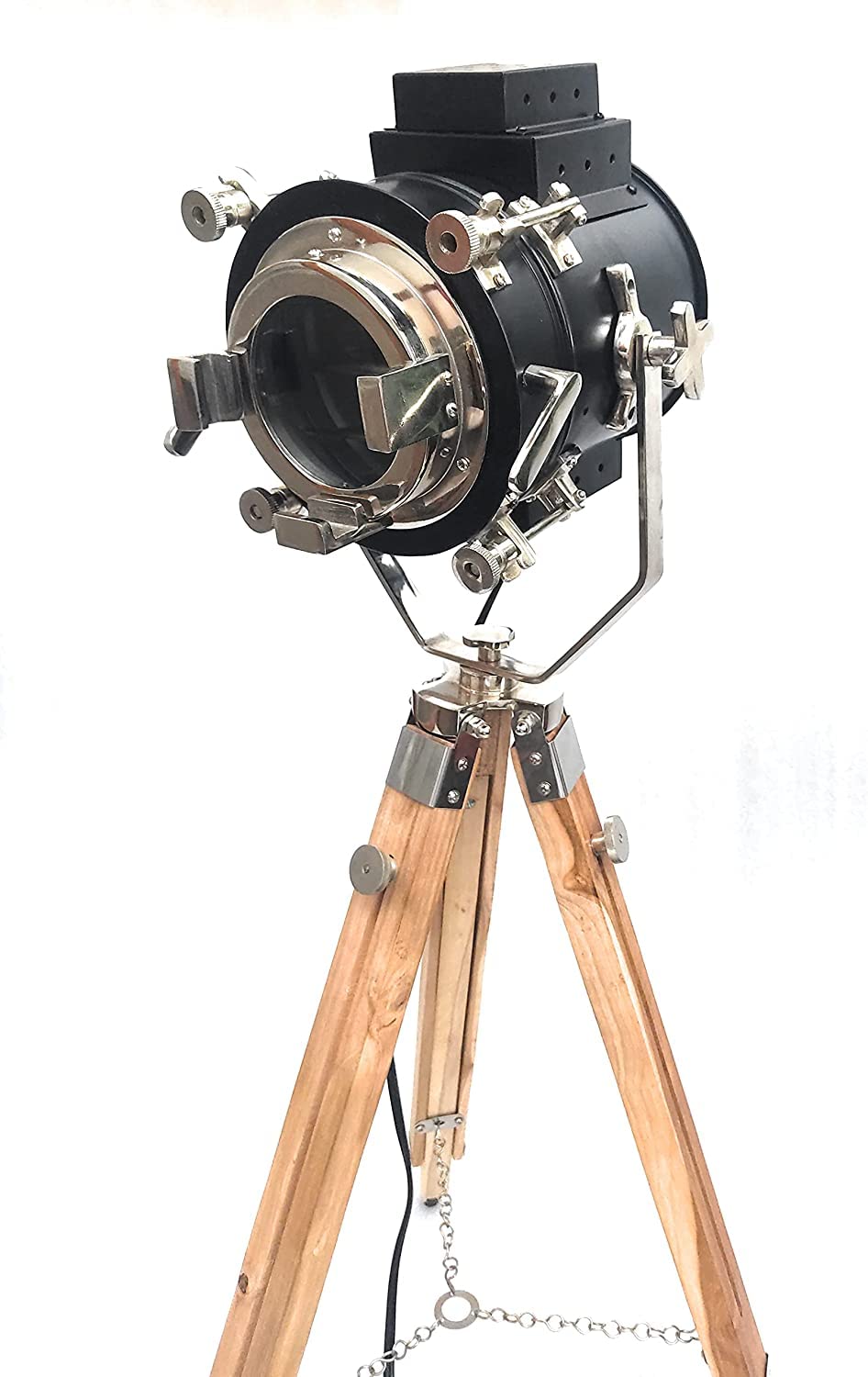 ALADEAN Industrial Tripod Floor Lamp for Living Room Bedroom, Vintage Chrome Black Spotlight Reading Lamp with Wooden Tripod Legs Searchlight Floor Lamp for Office, Cinema, Dorm