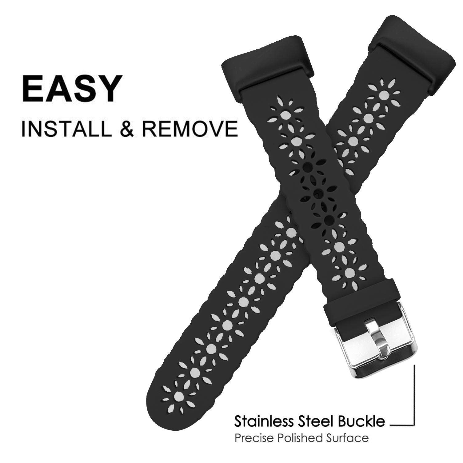 Abanen Silicone Band for Fitbit Charge 6 / Charge 5, Soft Silicone Sport Hollowed-out Slim Women Wrist Strap Compatible with Fitbit Charge 5 (Black)