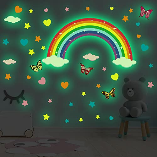 Large Rainbow Wall Decals Removable Star Butterfly Heart Cloud Wall Sticker Watercolor Rainbow Wallpaper Baby Room Vinyl Stickers Wall Decor for Nursery Rooms Girls Bedroom Decor (Glow Green Style)