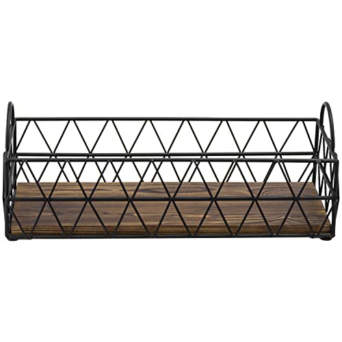 MyGift 16 Inch Deluxe Black Metal Toilet Tank Tray with Geometric Wire Design and Burnt Wood Base, Bathroom Vanity Toiletry Storage Organizer Tray with Handles