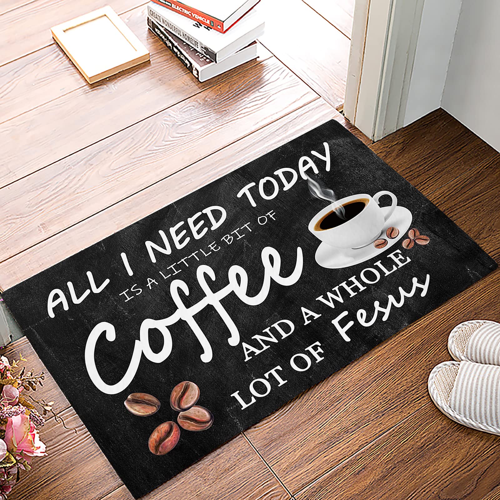 Afternoon Coffee Tea Brown Coffee Bean Indoor Doormat Bath Rugs Non Slip, Washable Cover Floor Rug Absorbent Carpets Floor Mat Home Decor for Kitchen Bedroom Farmhouse Black Backdrop (16x24)