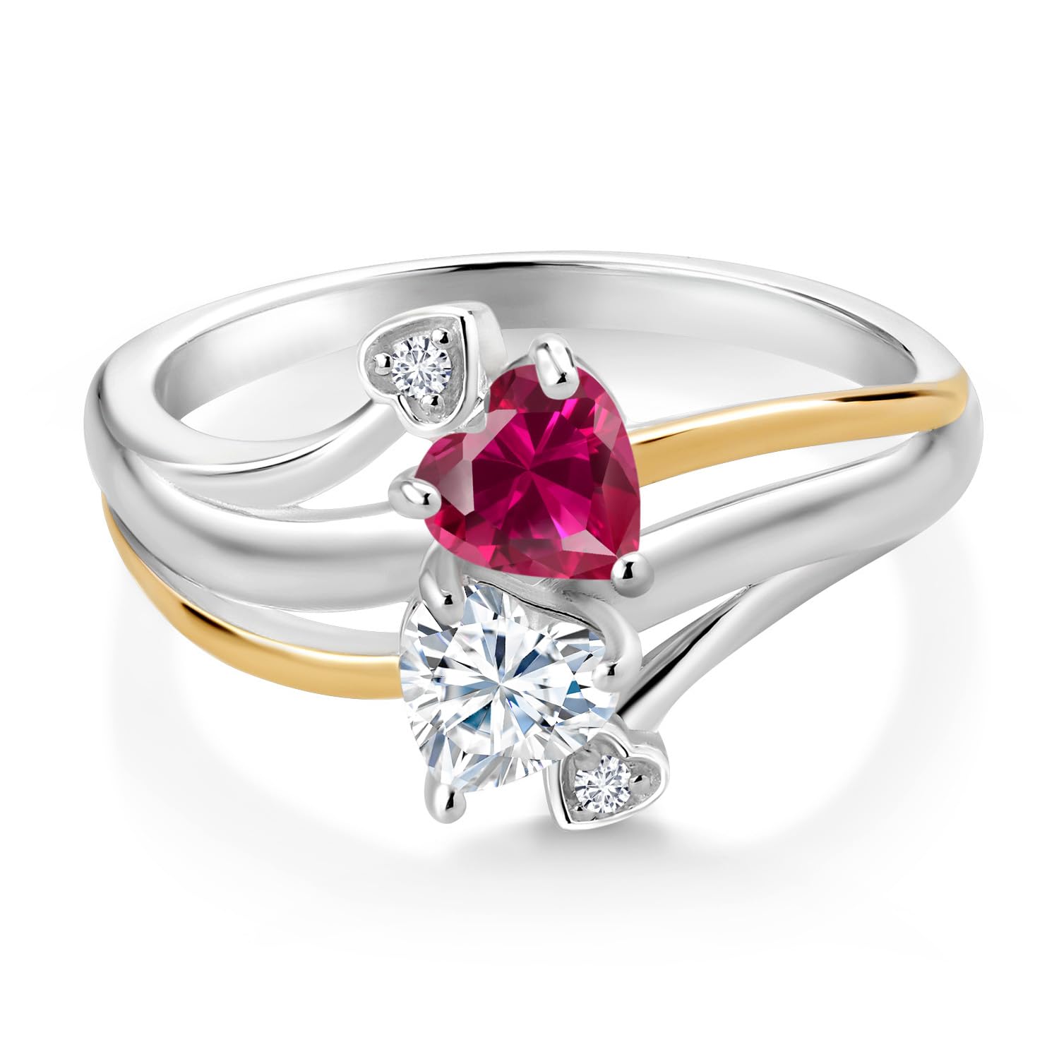 925 Sterling Silver and 10K Yellow Gold Red Created Ruby White Moissanite and Lab Grown Diamond 2 Heart Promise Couple Engagement Mother Ring (1.04 Cttw, Available In Size 5, 6, 7, 8, 9)