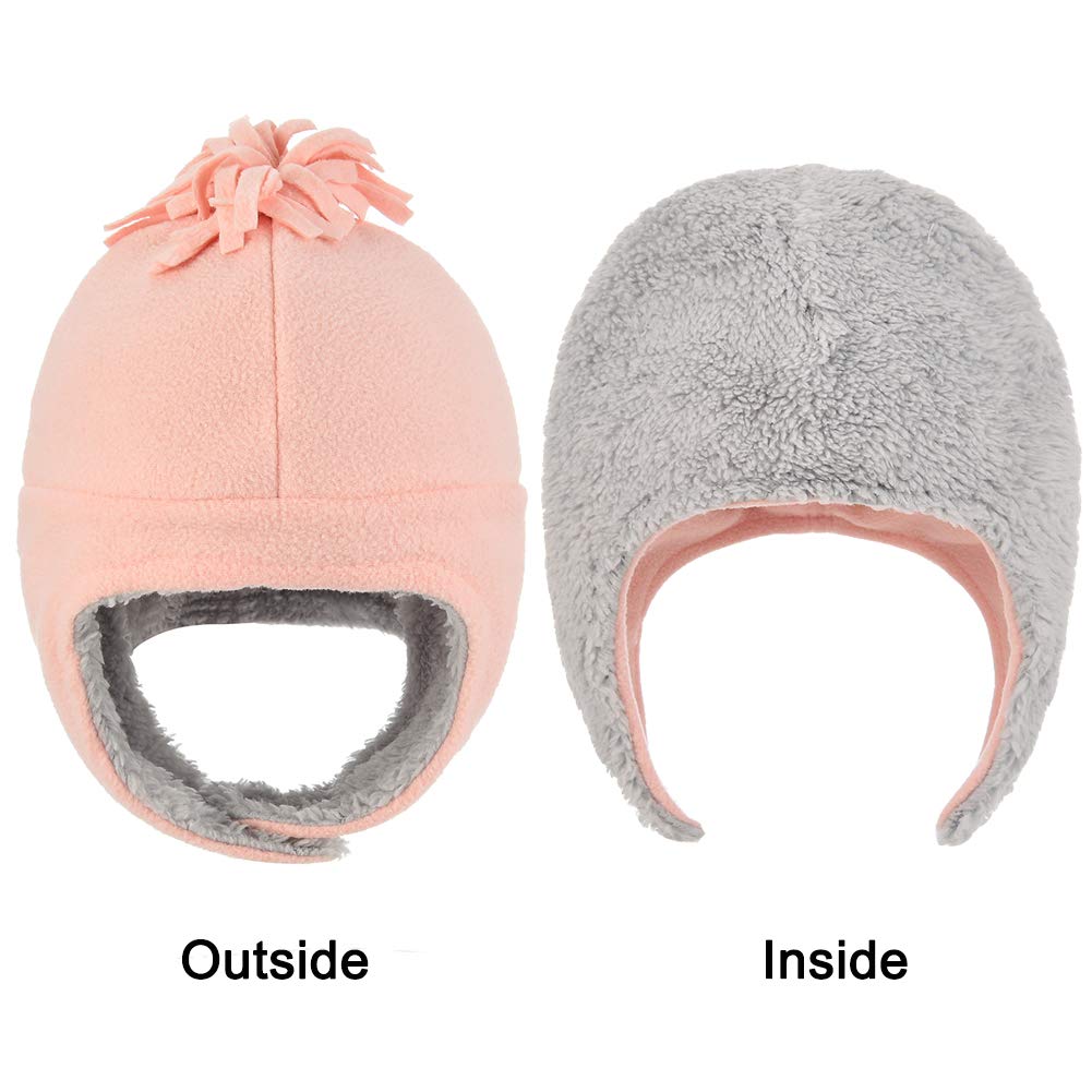 Toddler Winter Hat with Mitten Set - Baby Kids Sherpa Lined Warm Fleece Cap Set with Ear Flaps (Pink, L)