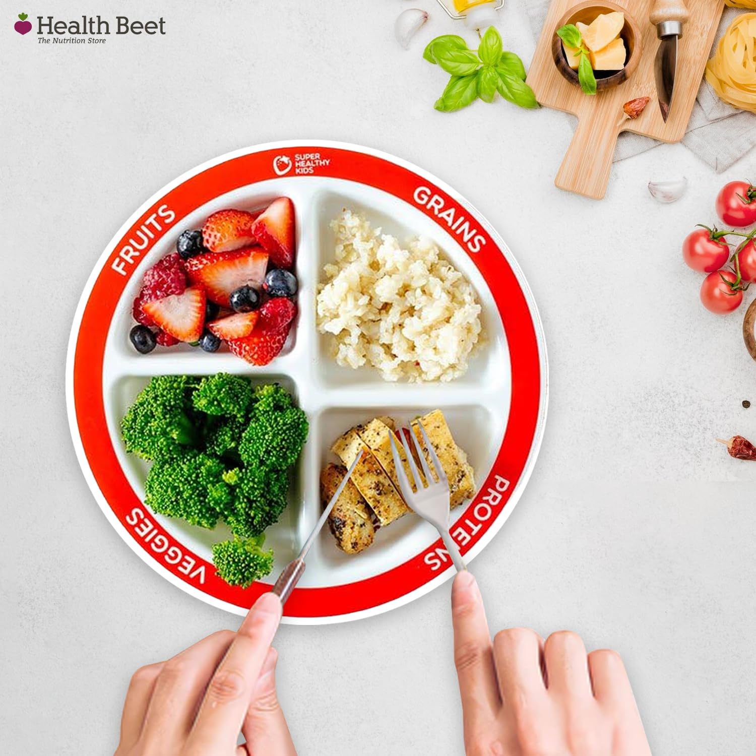 Health Beet MyPlate Portion Control Plate – 4 Divided Sections for Fruit Grains Veggies Proteins - Dishwasher & Microwave Safe Sectioned Plates for Health Education (1-Pack)
