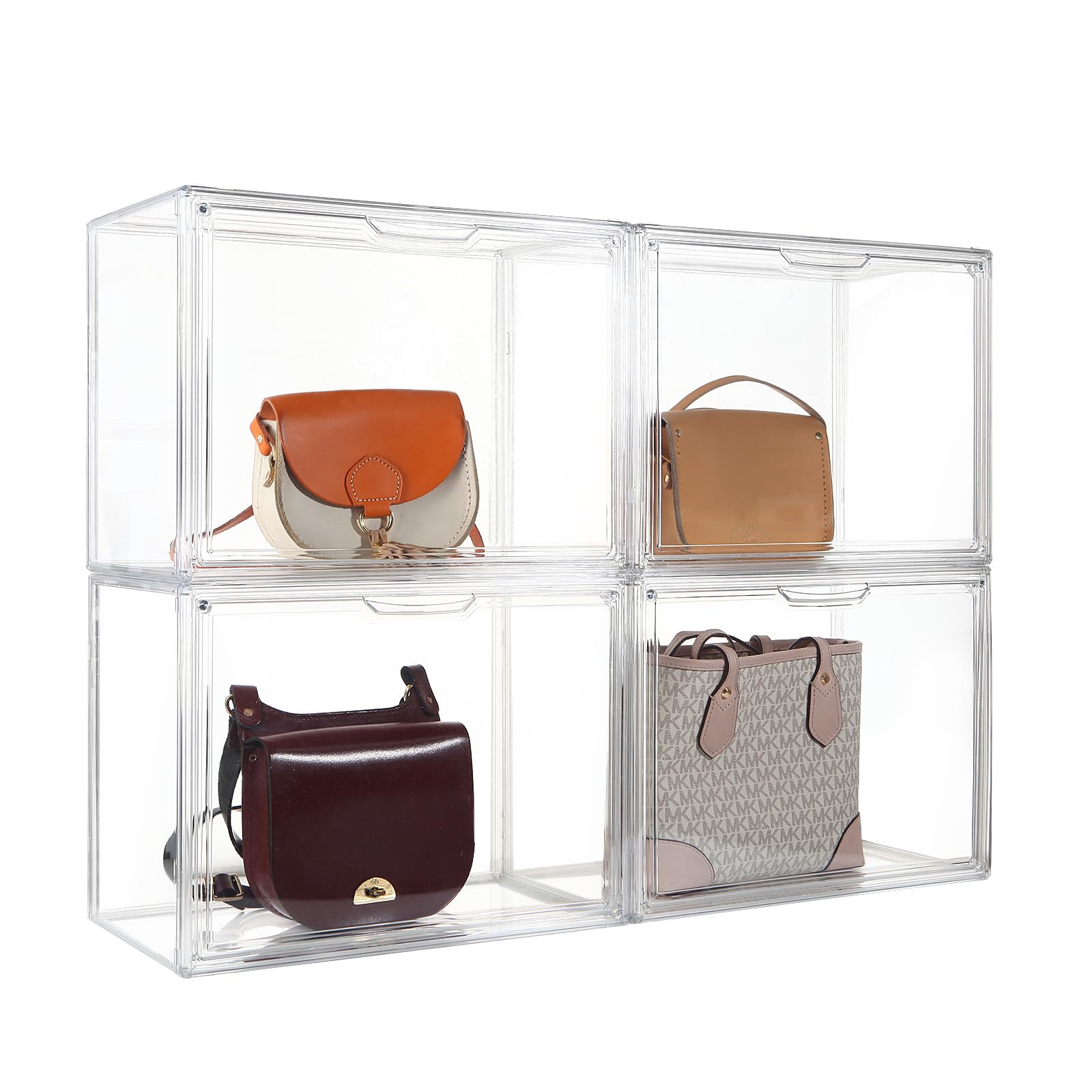 Ambergron Clear Purse Organizer, Stackable Luxury Handbag Display Case - Versatile Closet and Vanity Desk Storage Solution, Dustproof Showcase, 4 Packs