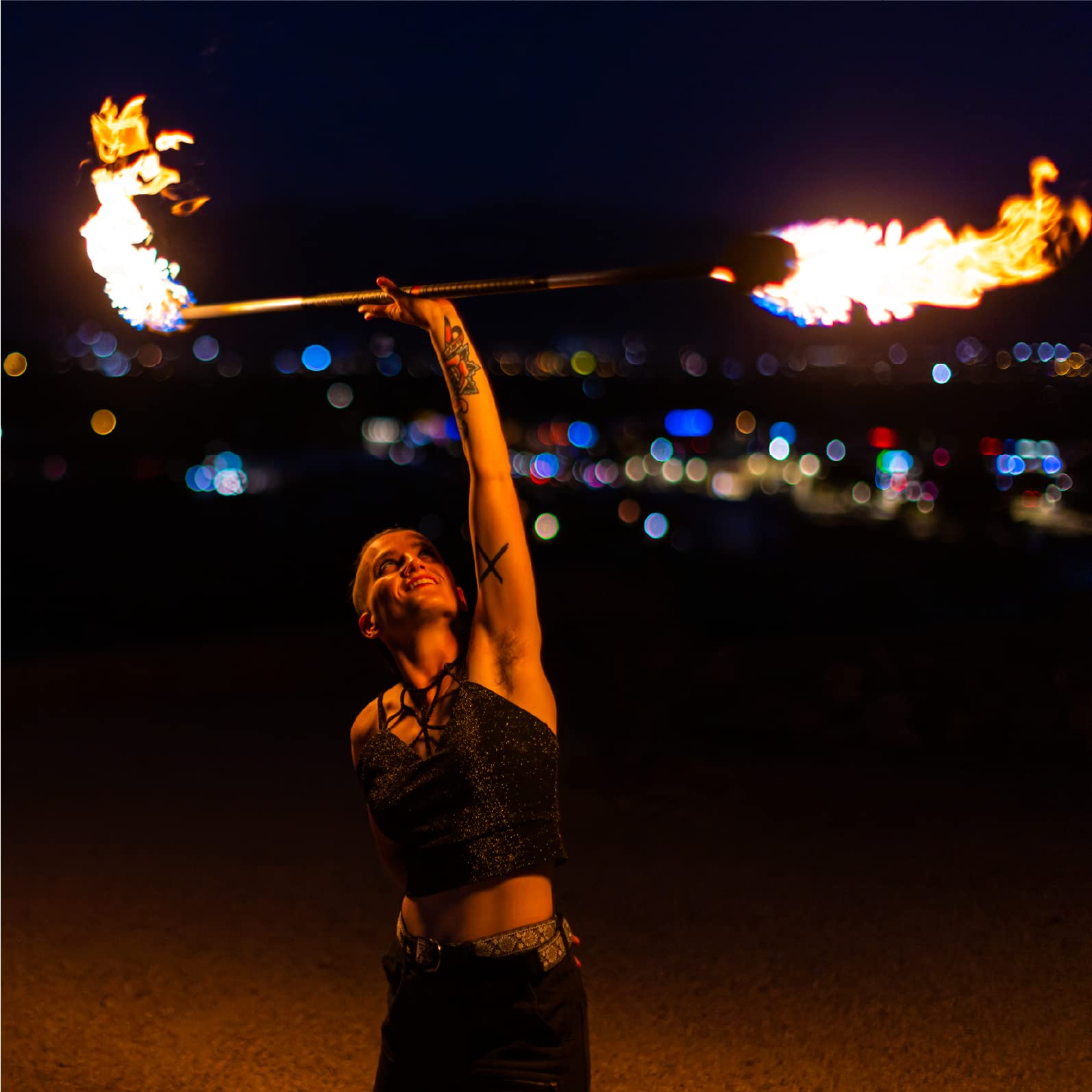 FIRE MECCA Fire Staff – 3 Inch Woven Kevlar MoonBlaze Head – Custom Length – 60 Inch Length – Aluminum Tube Body – Flow, Spinning, Circus, Dance Prop – for Festivals, Ceremonies, & Performances