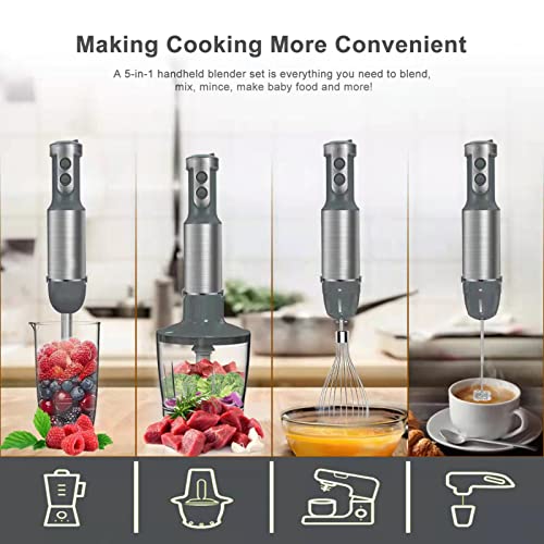 Hand Blender, 5 in 1 Blender, Hand Blender Electric 800W 6-Speed and Turbo Mode, Immersion Blender with 500ml Food Chopper, 600ml Container, Milk Frother, Egg Whisk, for Smoothie Sauces Food Soups