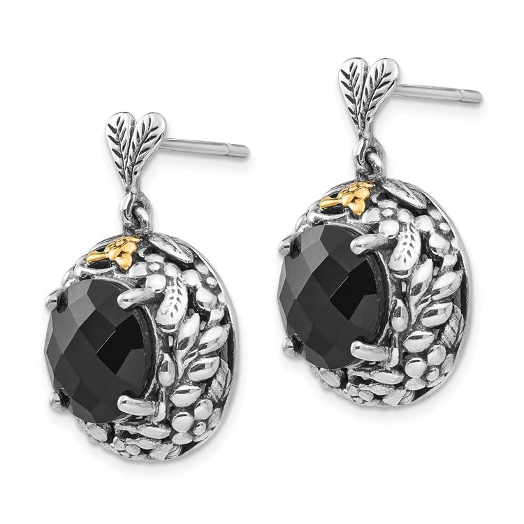 925 Sterling Silver and 14k Yellow Gold Onyx Post Dangle Earrings Fine Jewelry For Women Gifts For Her