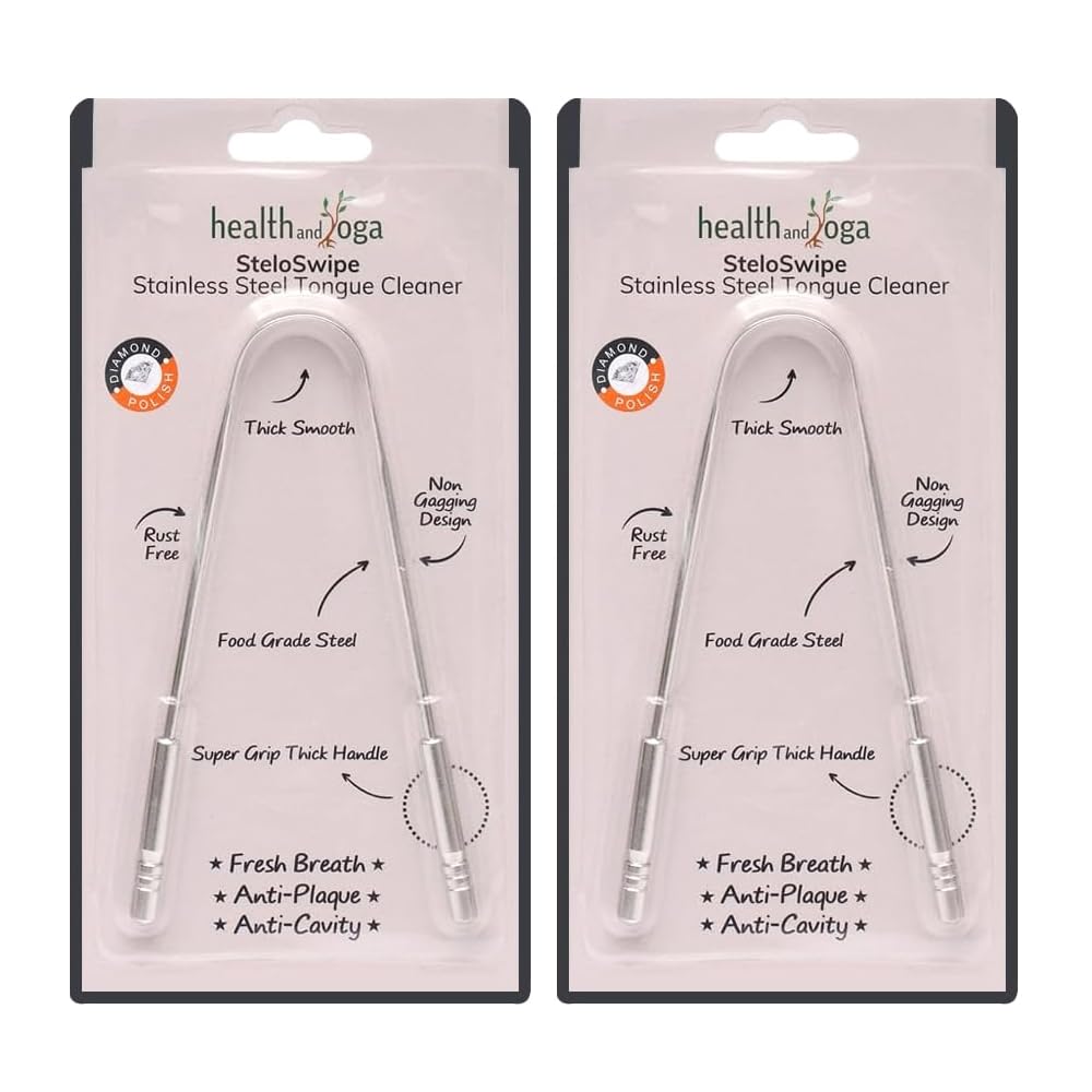 HealthAndYoga™ Tongue Cleaner Scraper - Hygienic, Surgical Grade, Non-Synthetic Grip – Sterilizable Tongue Brush Cleaner (Surgical Steel - 2 Pack)